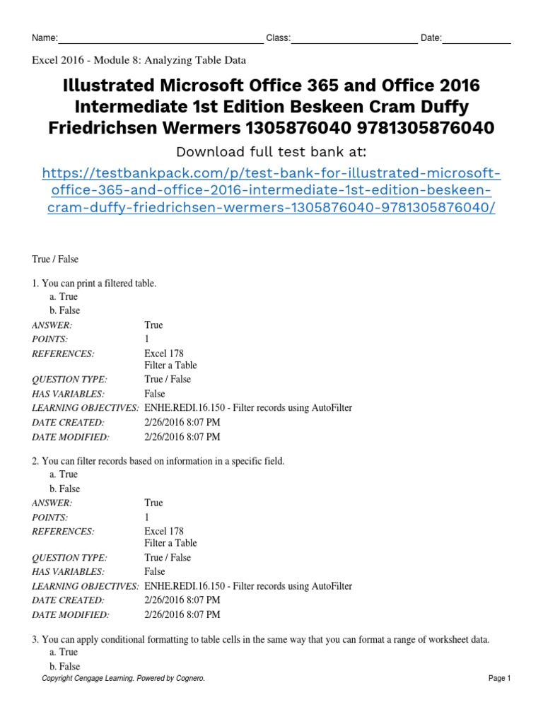 Illustrated Microsoft Office 365 And Office 2016 Intermediate 1st Edition Beskeen Test Bank 