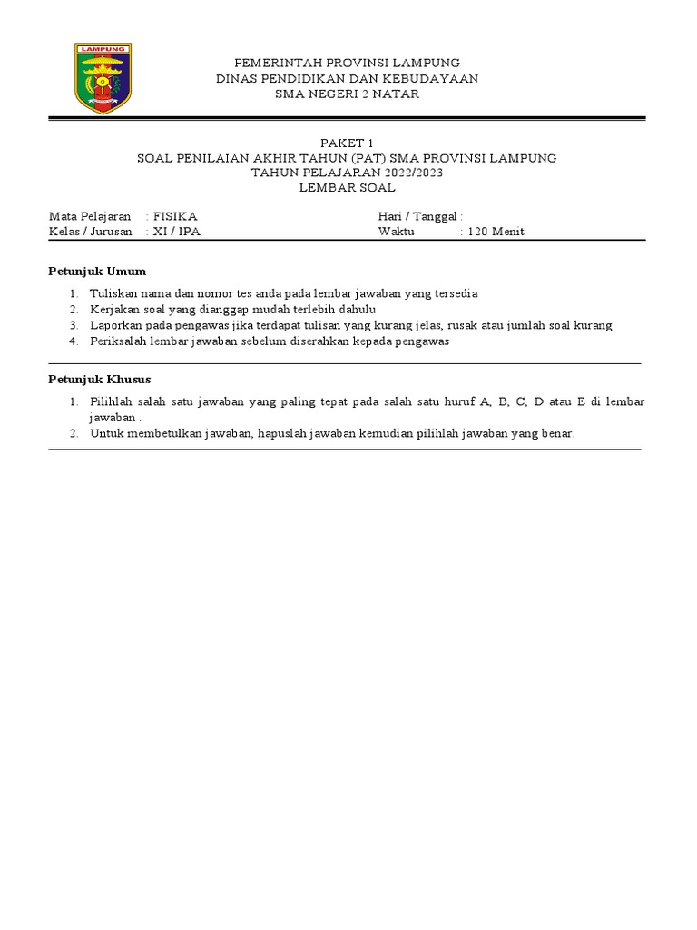 Soal Pat 2022 2023 Fisika Kelas Xi Paket 1 | PDF