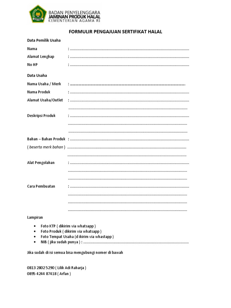 FORMULIR PENGAJUAN SERTIFIKAT HALAL + Logo | PDF