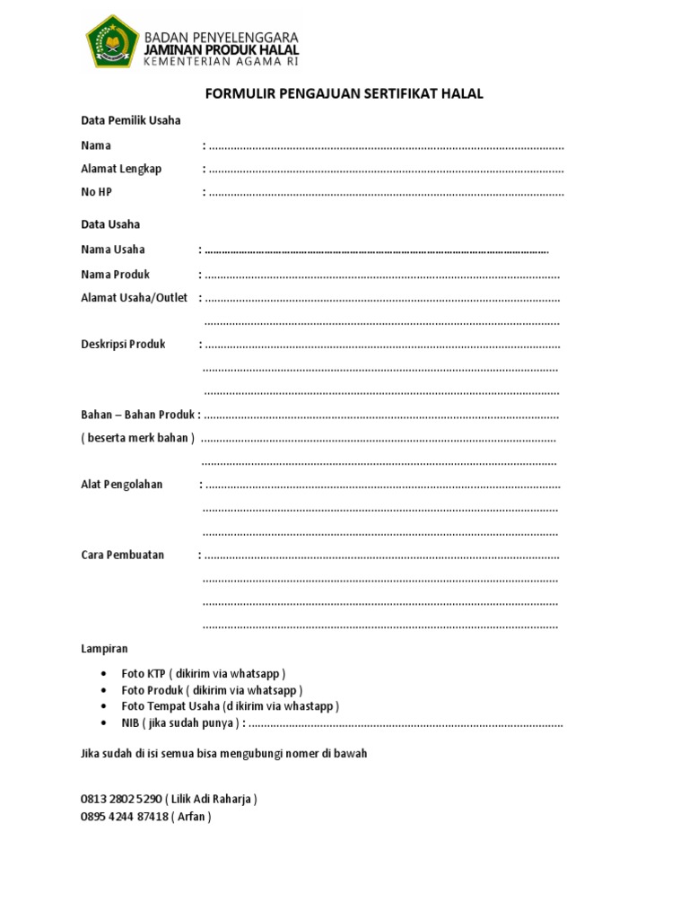 FORMULIR PENGAJUAN SERTIFIKAT HALAL PDF | PDF