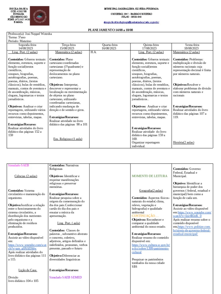 PLANEJAMENTO 5º ANO 14 - 08 A 18 - 08 | PDF