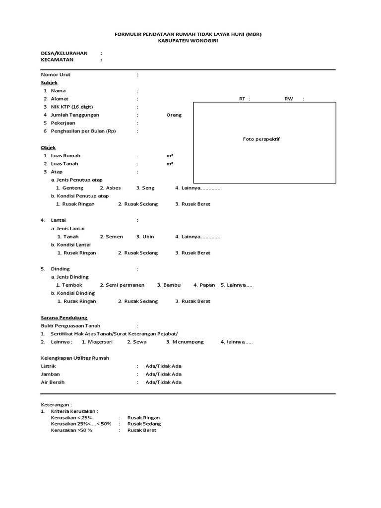 Formulir Pendataan RTLH Bagi MBR-1 | PDF
