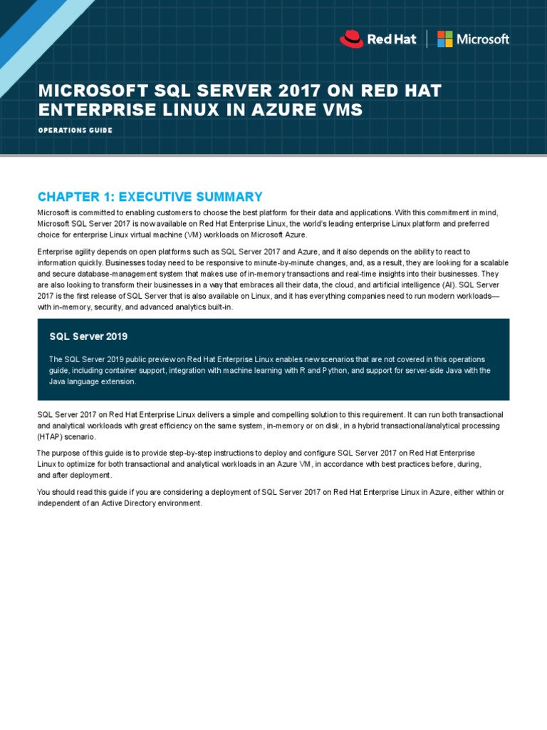 SQL Server 2017 On Red Hat Enterprise Linux in Azure Virtual Machines - Operations Guide | PDF