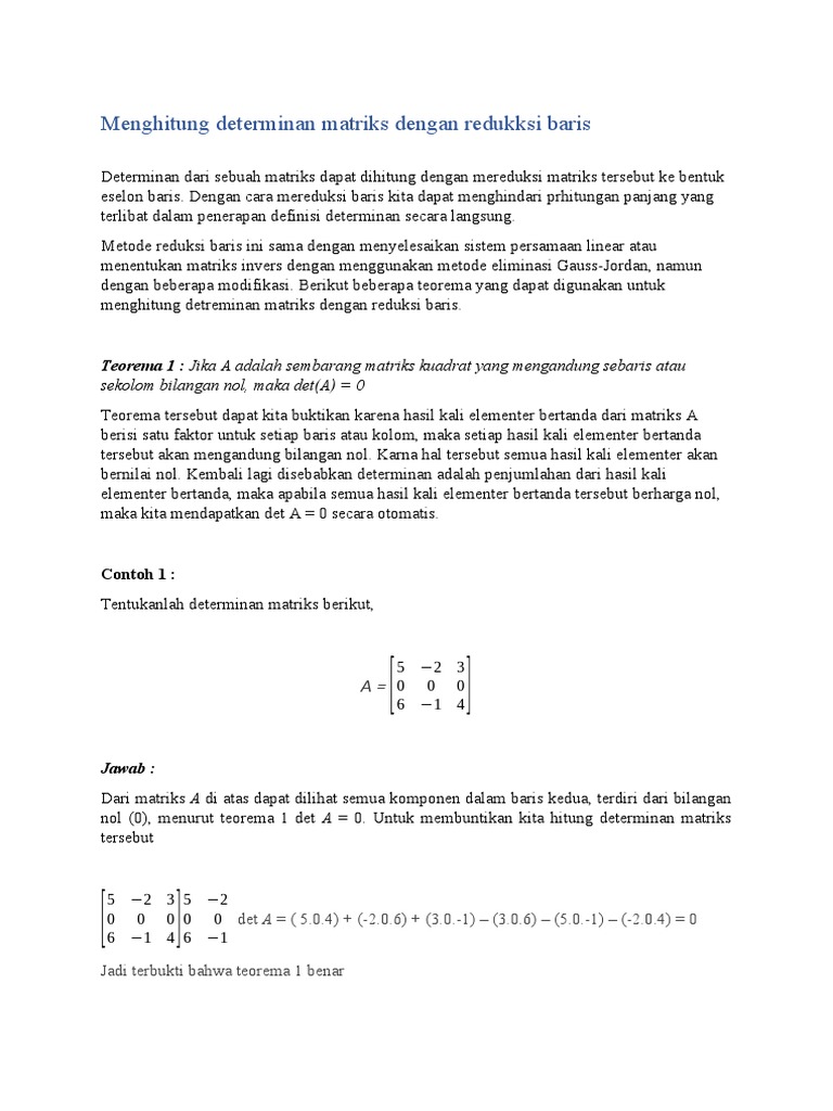 Menghitung Determinan Matriks Dengan Redukksi Baris | PDF