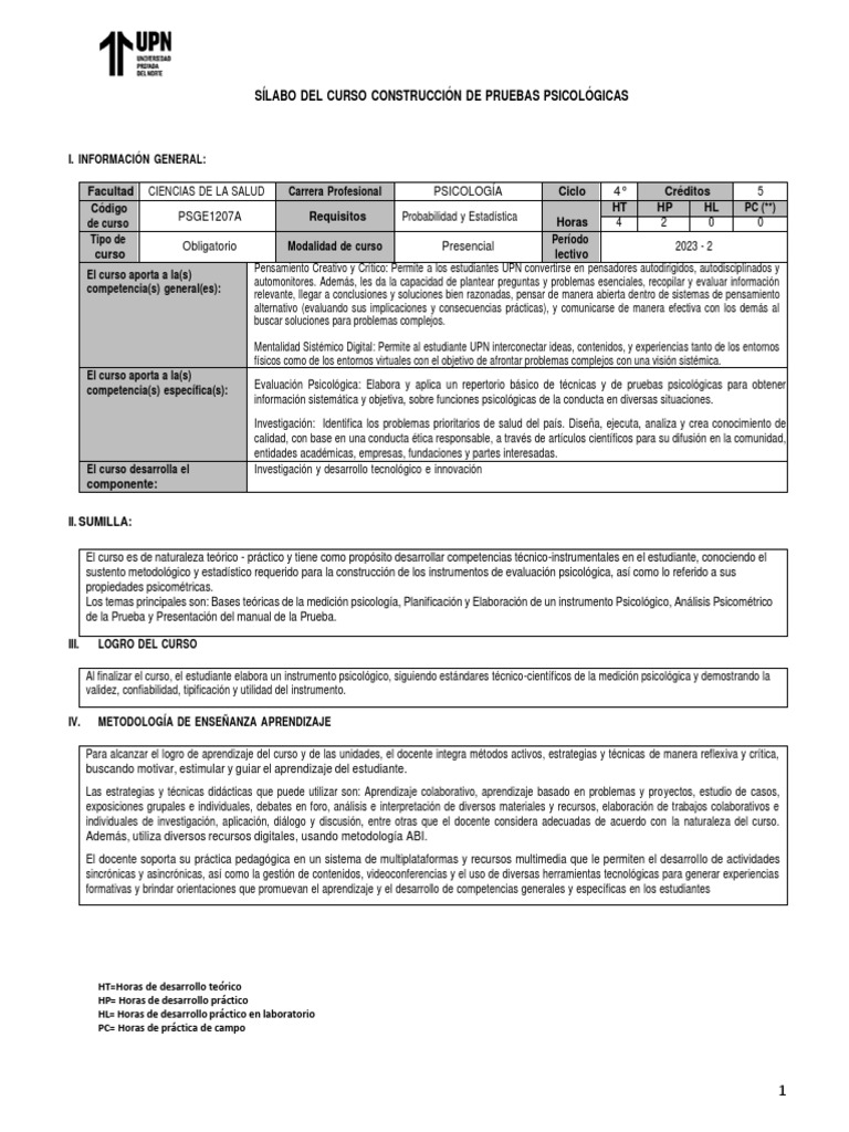 Sílabo Construcción de Pruebas Psicológicas | PDF | Sicología | Pensamiento