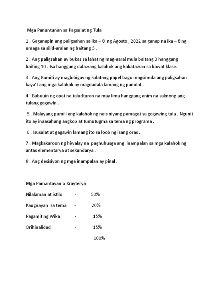 Mga Pamantayan o Krayterya Sa Pagsulat NG Tula | PDF