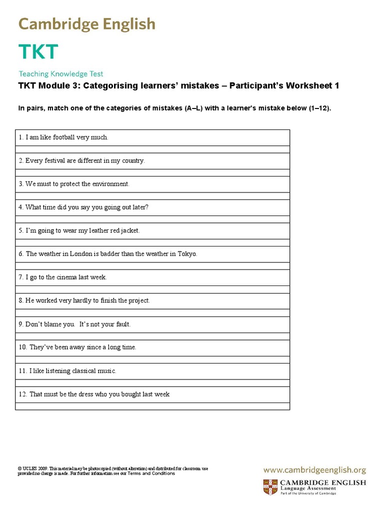 TKT Module 3 Categorising Learners Mistakes | PDF