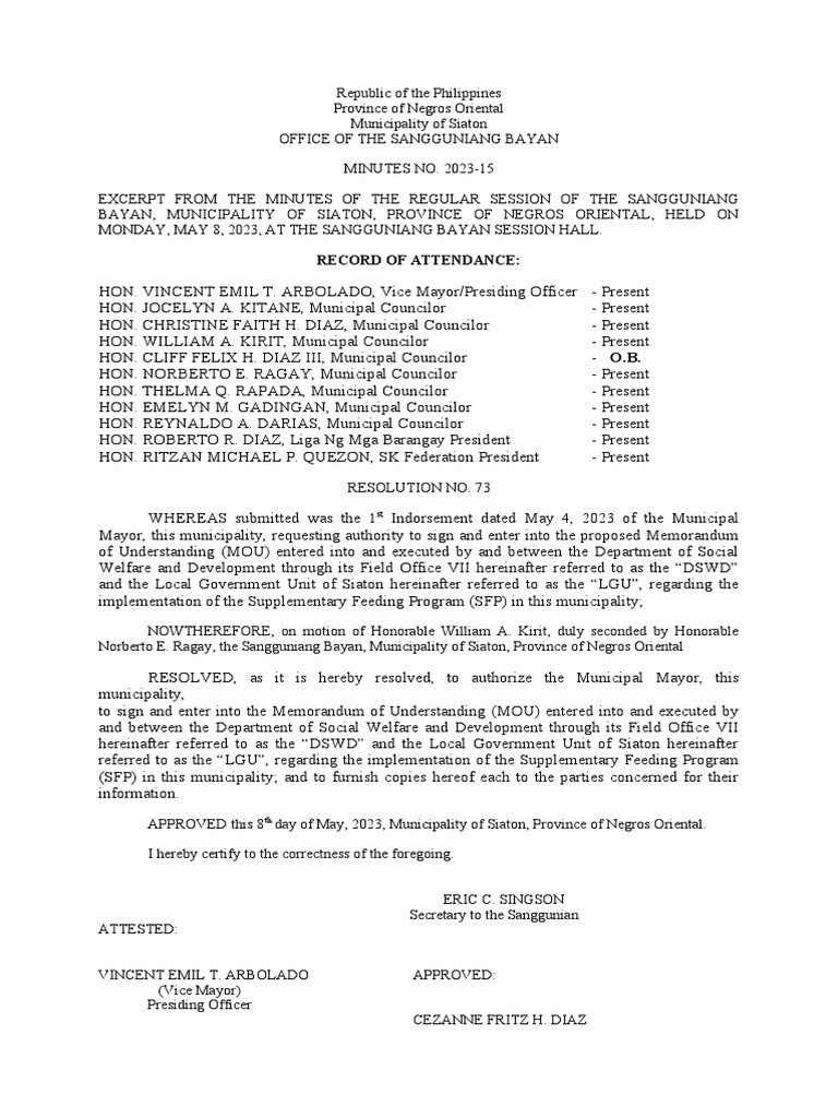 MINUTES NO. 2023-15 (DSWD Feeding) | PDF