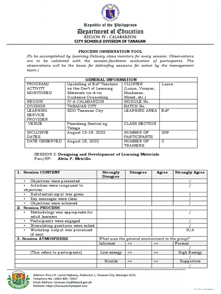 Process Observation Tool D4 EsP | PDF | Learning | Cognitive Science