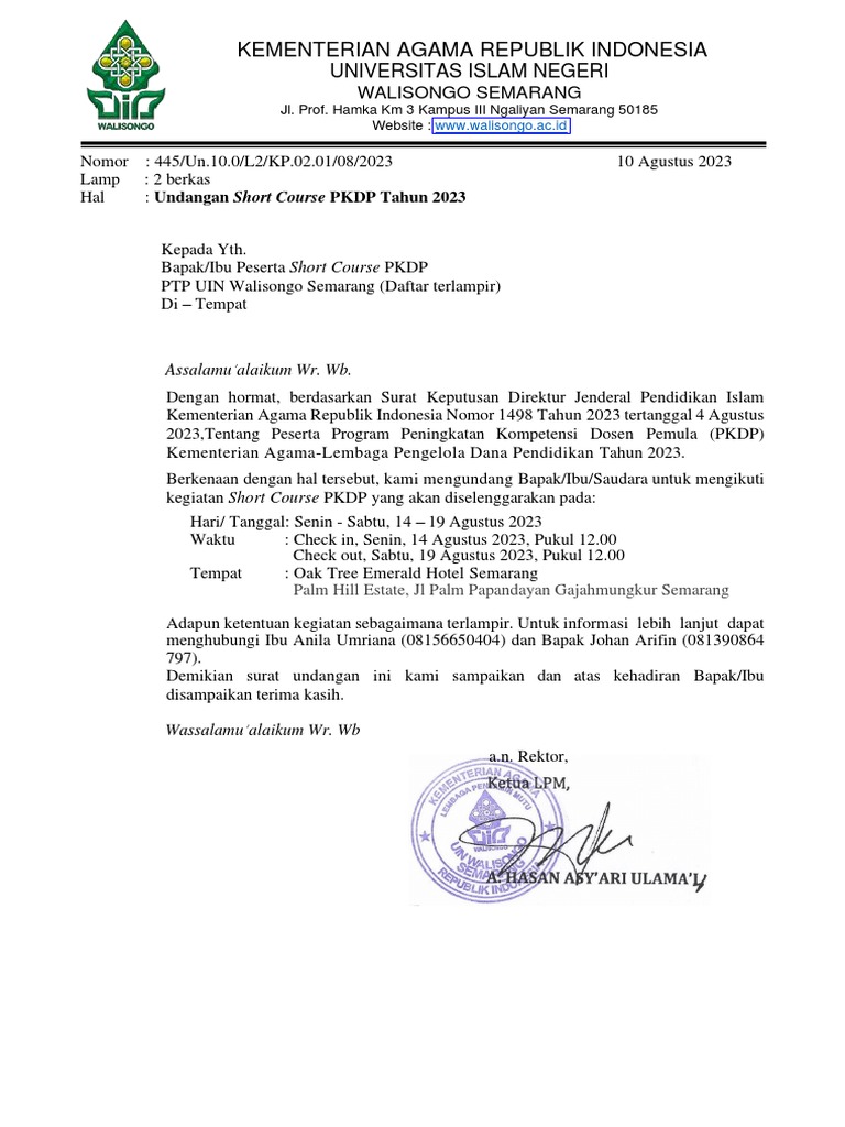 001 Pemanggilan Peserta PKDP PTP UIN Walisongo Tahap 1 | PDF