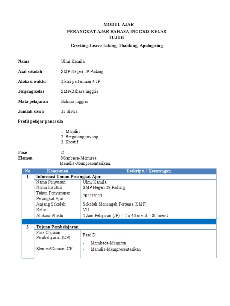 Modul Pembelajaran Sapaan Kelas 7 | PDF