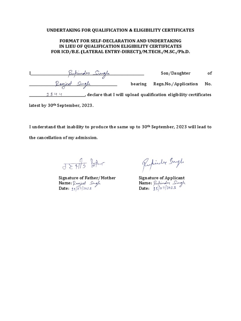 Undertaking For Qualification Eligibility Certificate | PDF | Career ...