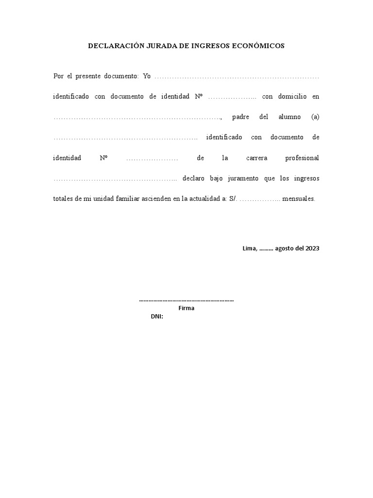 Declaración Jurada de Ingresos Económicos | PDF