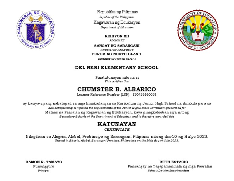 Deped Certificate JHS | PDF