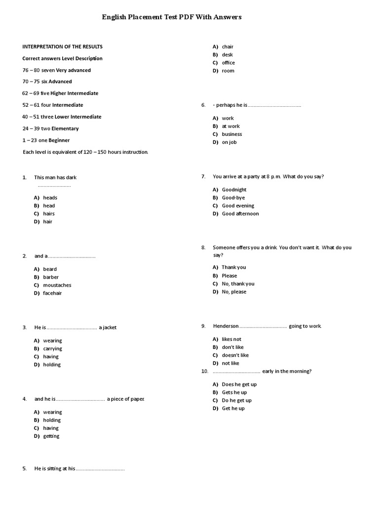 English Placement Test Without Answer Key | PDF