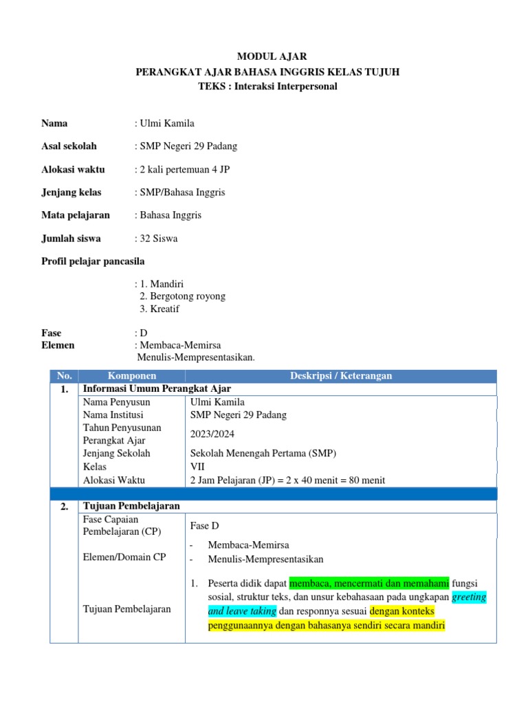 Modul Ajar Greeting and Leave Taking | PDF