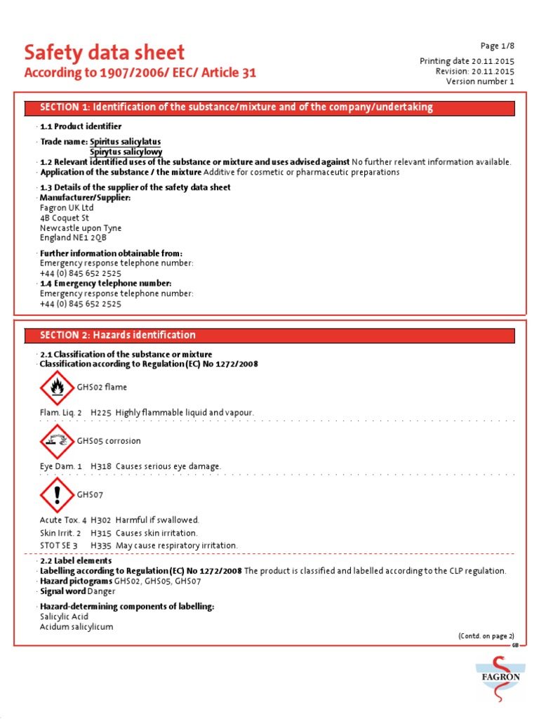 Safety Data Sheet: Spiritus Salicylatus | PDF