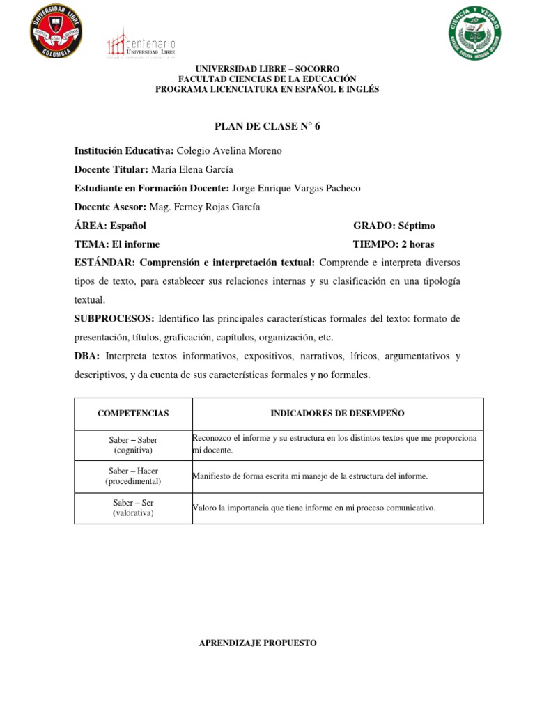 Formato 4 Plan de Aula El Informe-1 | PDF