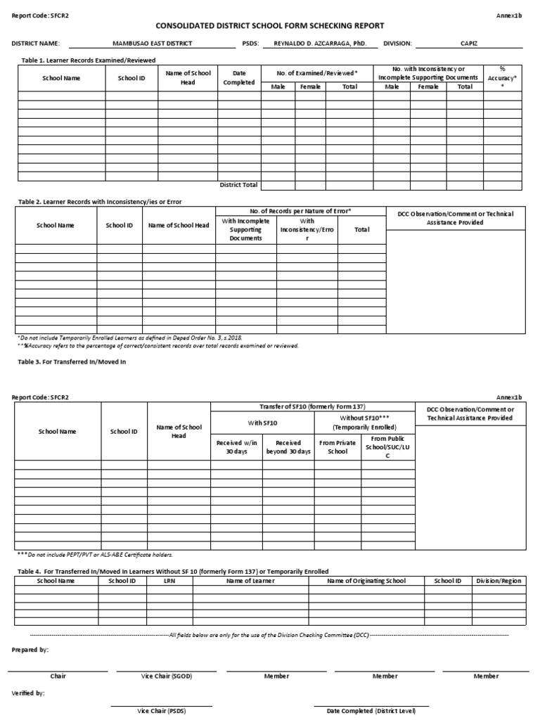 Consolidated District School Forms Checking Report SFCR2 Annex 1B | PDF