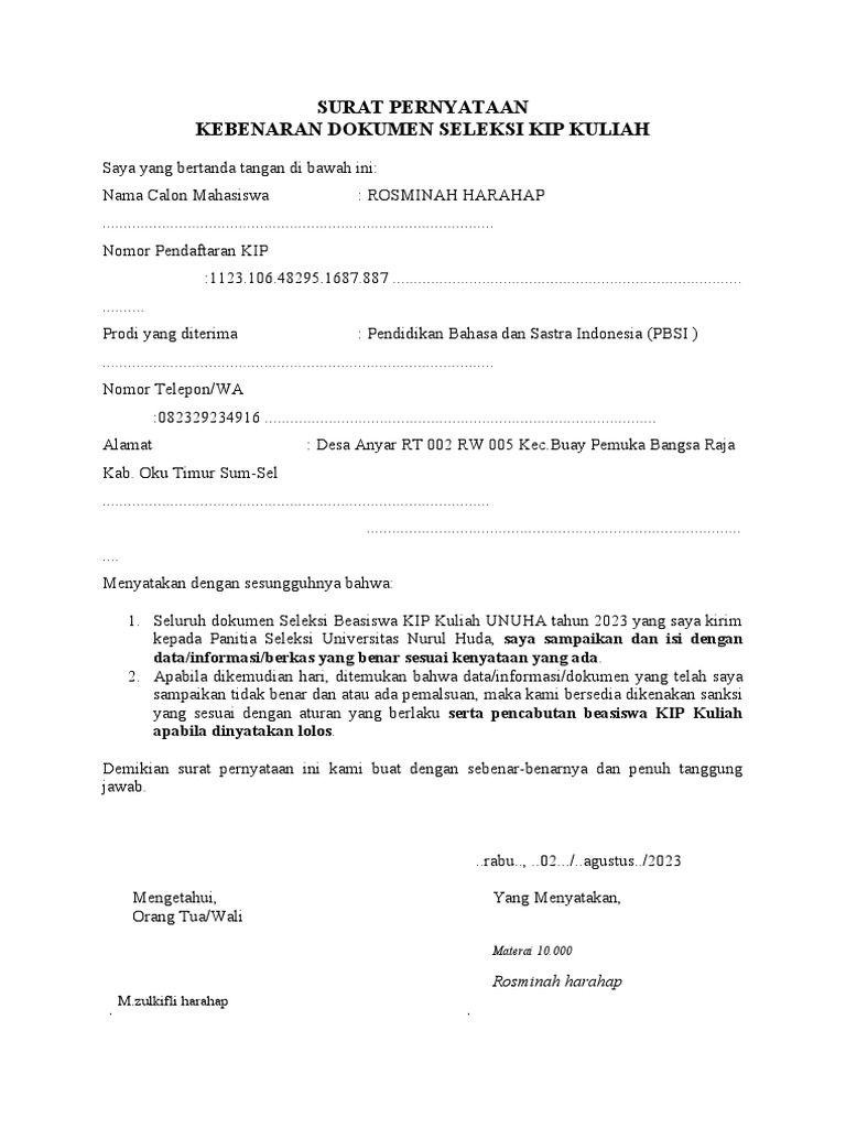 Surat Pernyataan KIP KULIAH | PDF