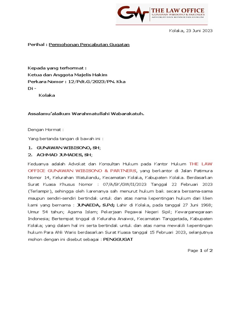 Surat Pencabutan Gugatan Cerai | PDF