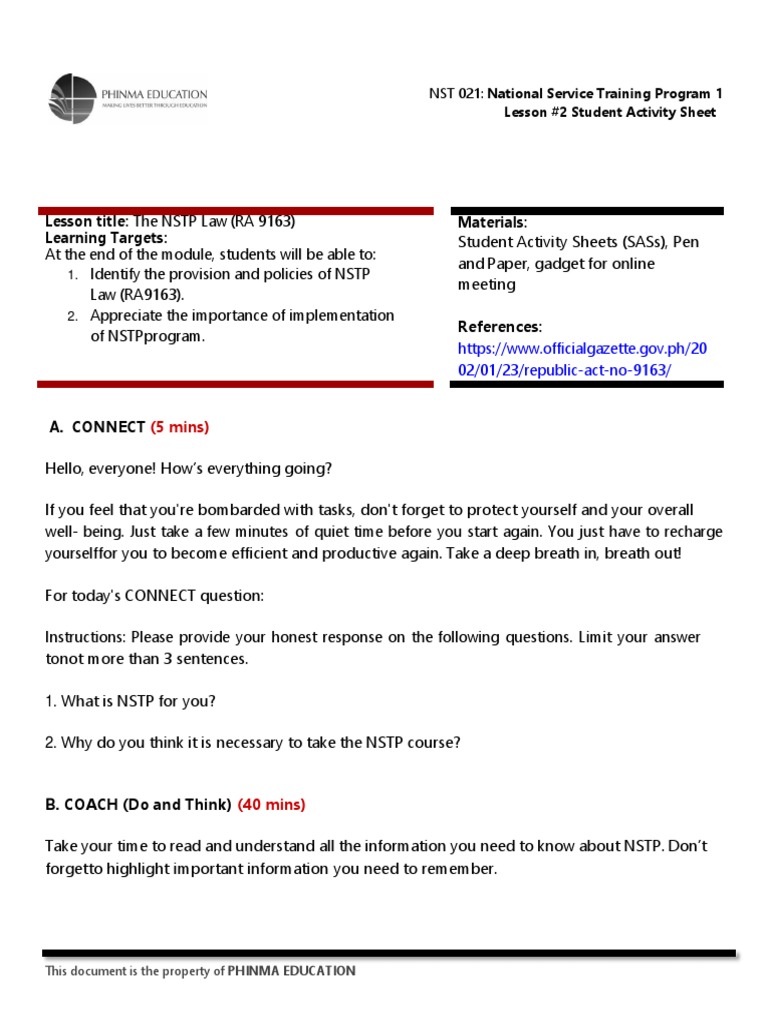 NSTP 1 Lesson 2: Understanding RA 9163 | PDF