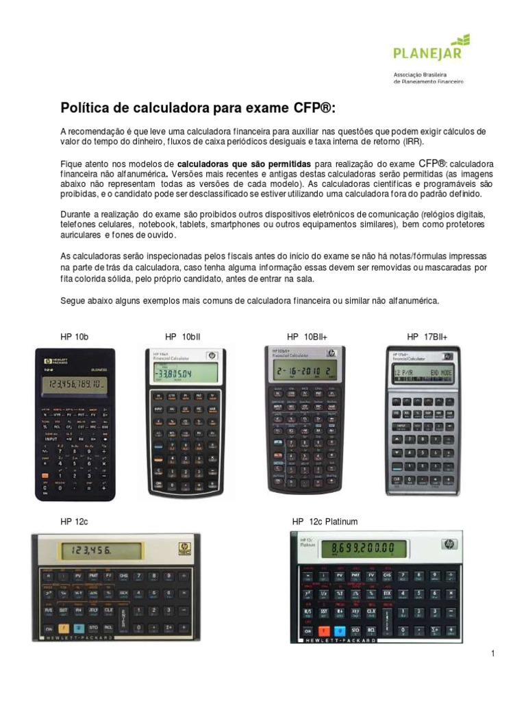 39 Calculadoras Permitidas Exame CFP Planejar | PDF