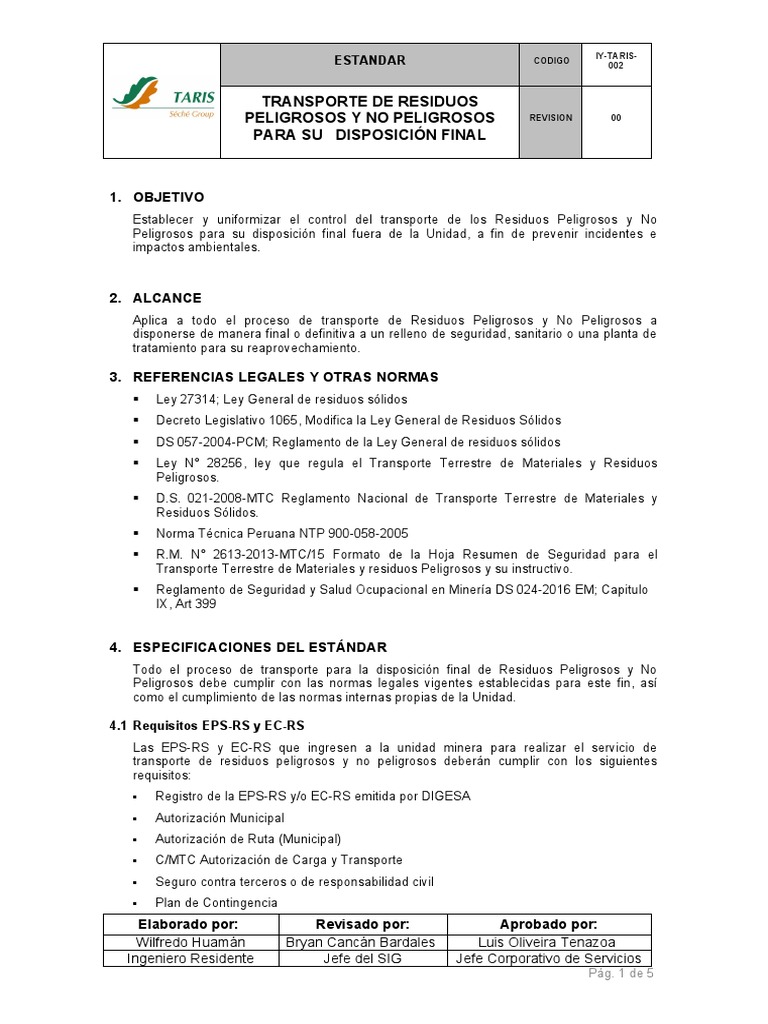 IY-TARIS-002 Transporte de Residuos | PDF