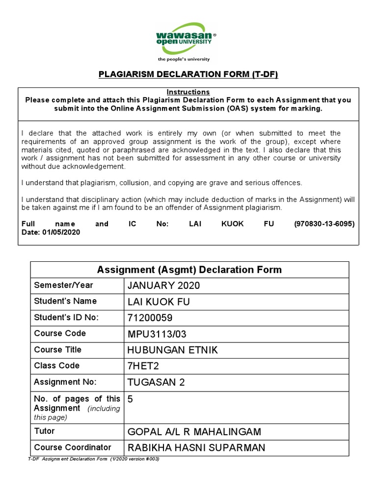 Plagiarism Declaration Form (T-DF) | PDF