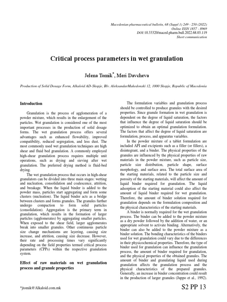 Critical Process Parameters in Wet Granulation: Jelena Tomik, Meri Davcheva | PDF