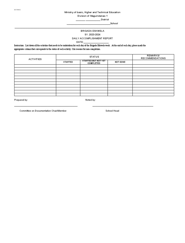 Brigada Eskwela Daily Report Form | PDF