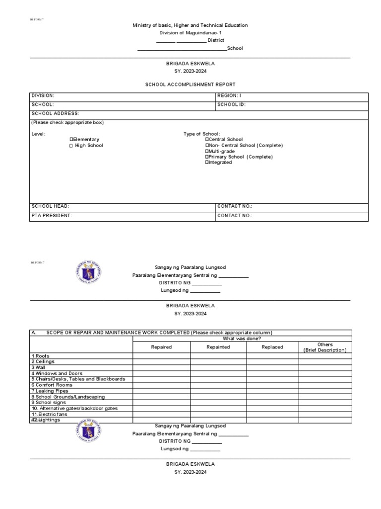 Brigada Eskwela Form 7 School Accomplishment Report | PDF