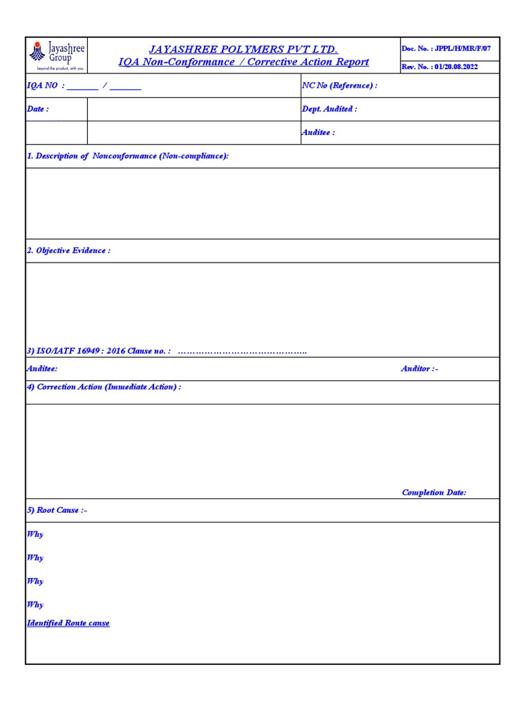 IQA Non-Conformance - Corrective Action Report | PDF