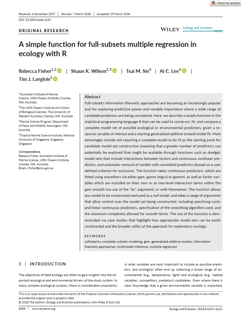 Ecology and Evolution - 2018 - Fisher - A Simple Function For Full Subsets Multiple Regression ...
