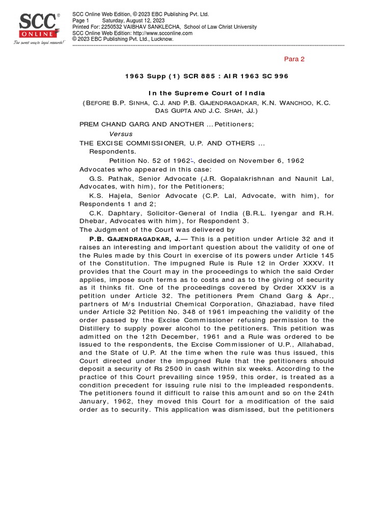 Prem Chand v. Excise Commissioner | PDF