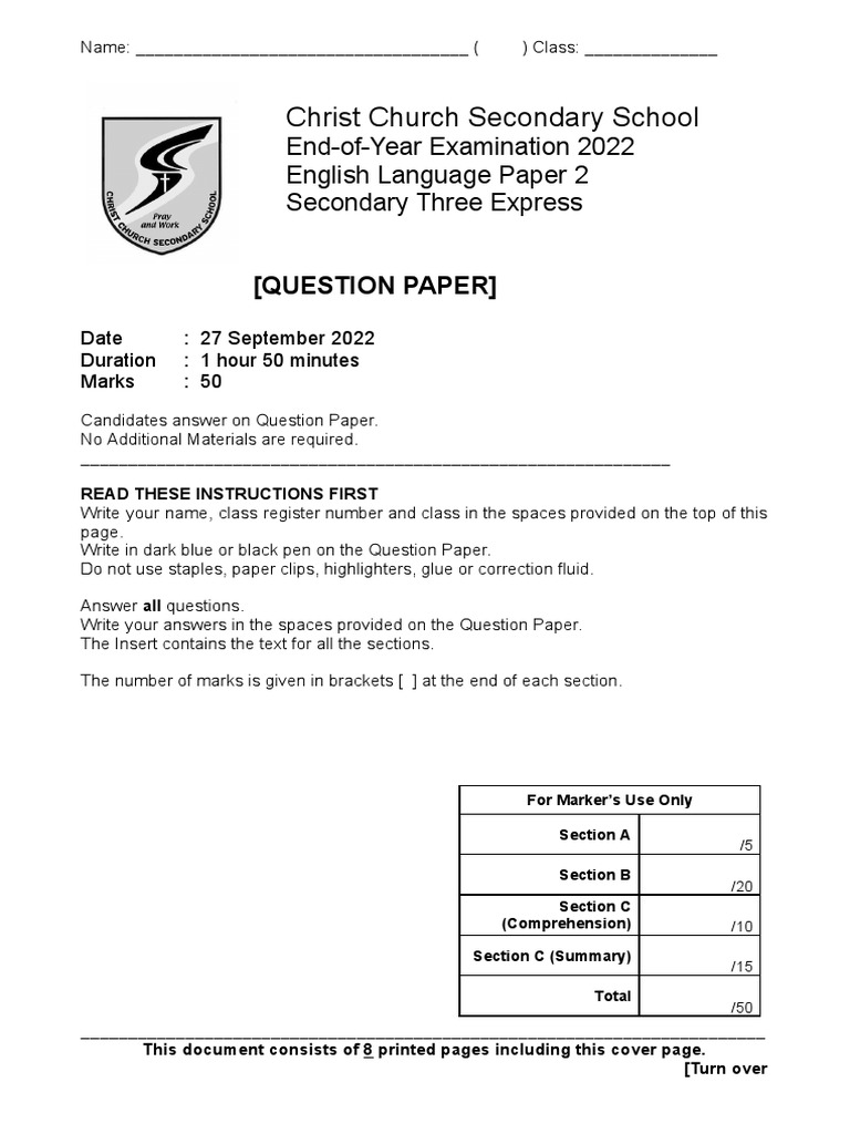 Christ Church EOY 2022 3E EL P2 QP - Section B Only | PDF