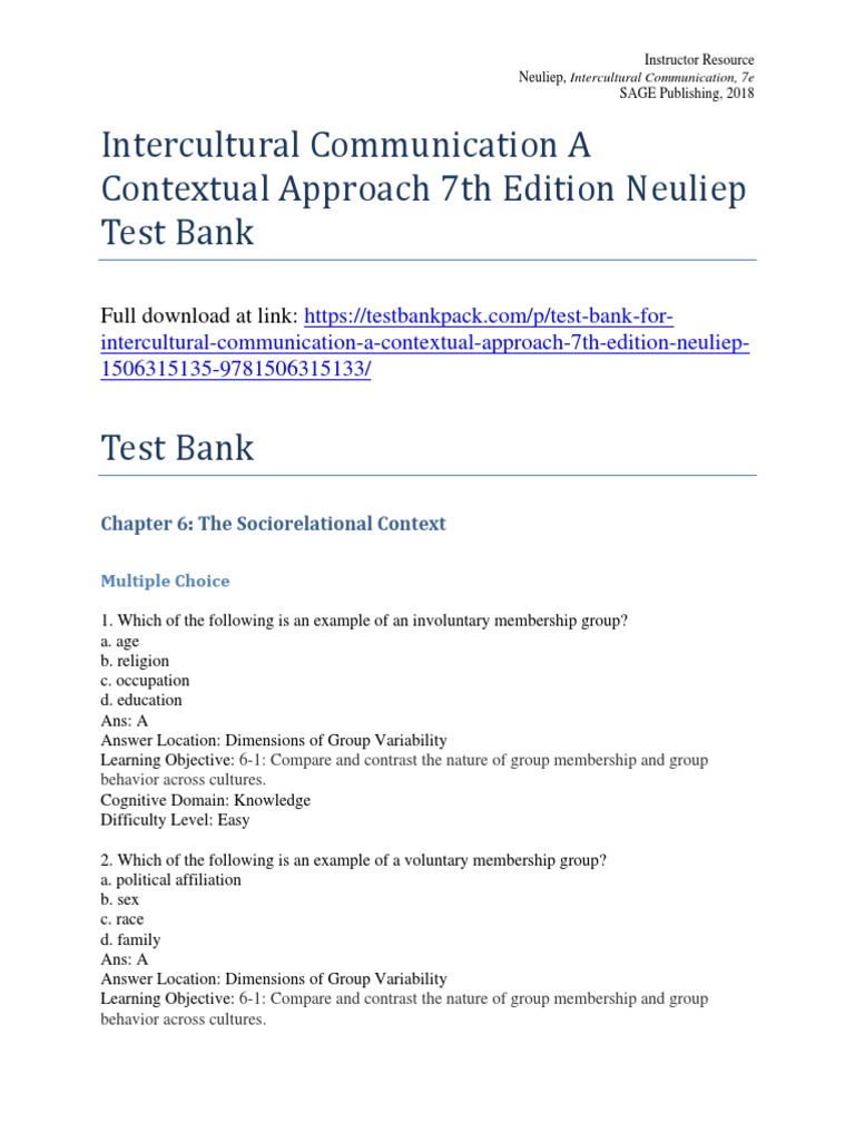 Intercultural Communication A Contextual Approach 7th Edition Neuliep ...