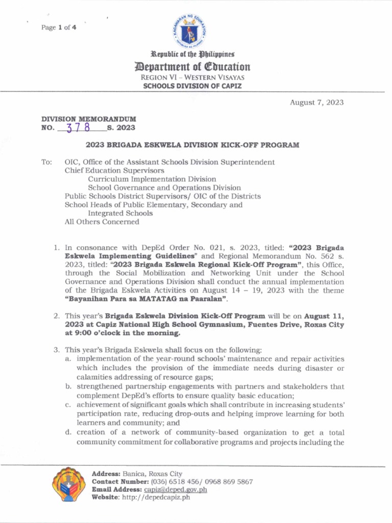 SDM378s20232023 Brigada Eskwela Division Kick Off Program | PDF