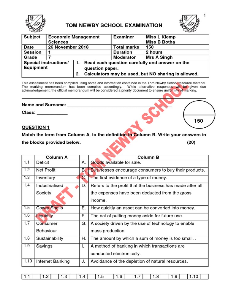 Grade 7 EMS Exam November 2018 Watermark | PDF | Expense | Money