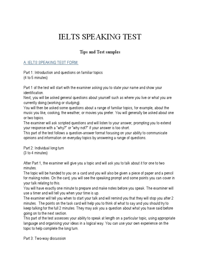 Ielts Speaking Test | PDF | International English Language Testing ...