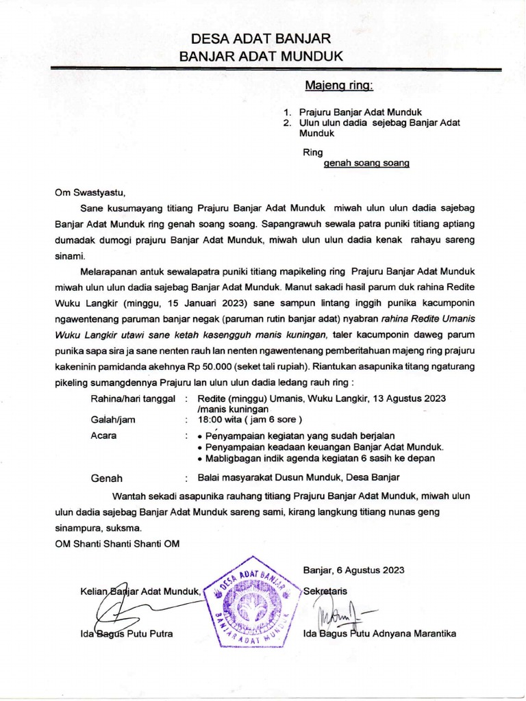 Undangan Parum Banjar Adat | PDF