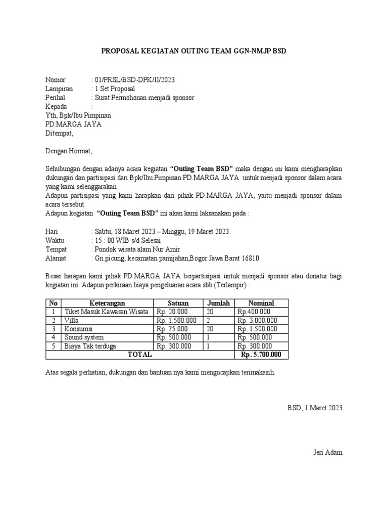 Proposal Outing Team BSD | PDF
