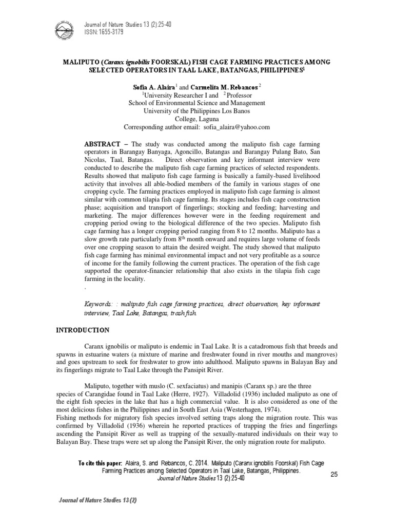 Maliputo Fish Cage Farming in Taal Lake | PDF | Agriculture | Water