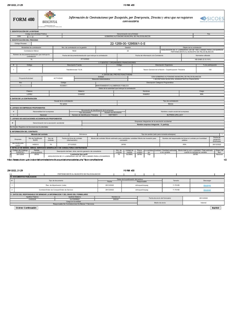 FORM 400: Información de Contrataciones Por Excepción, Por Emergencia ...