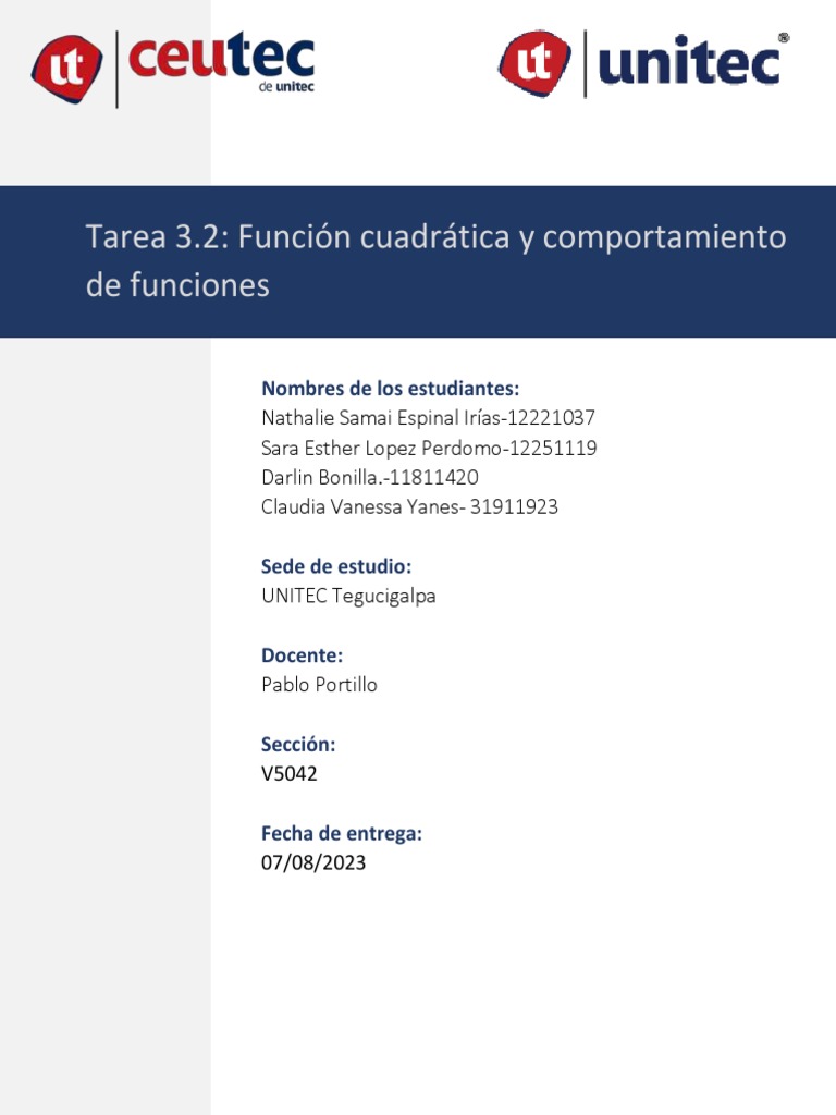 Tarea 3.2 Función Cuadrática y Comportamiento de Funciones | PDF