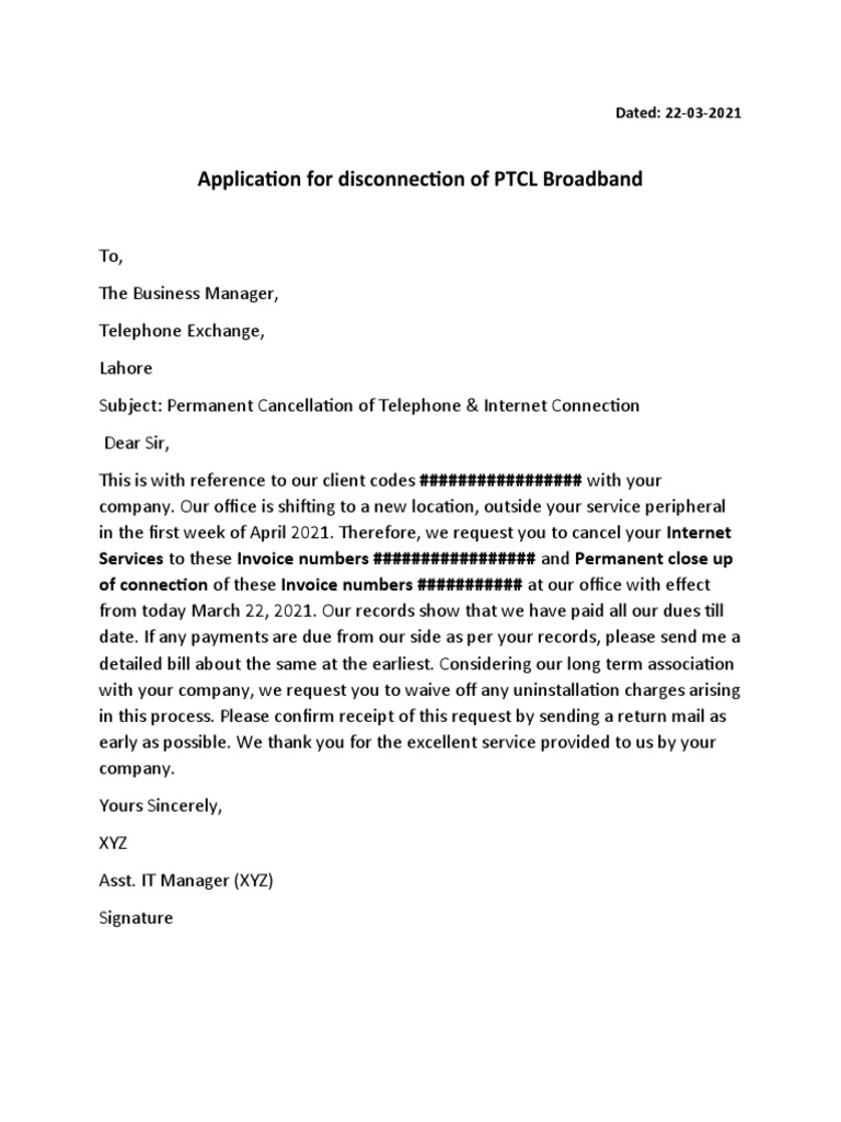 Application for disconnection of PTCL | PDF