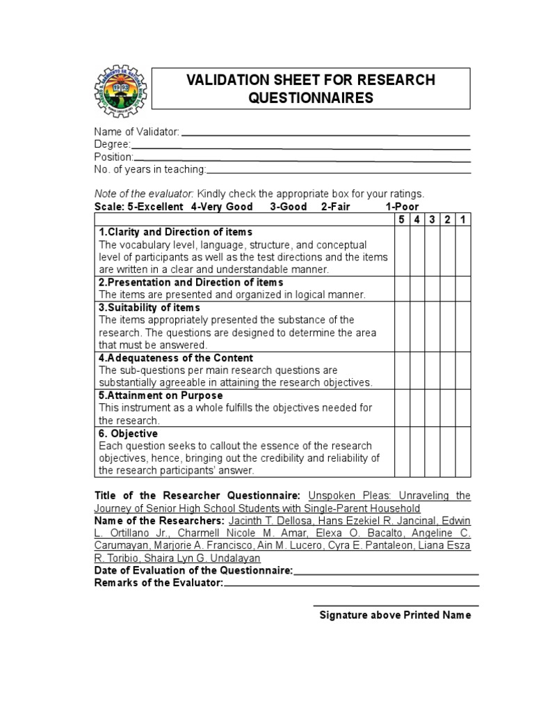 Validation Sheet FPR Research Questionnaires | PDF