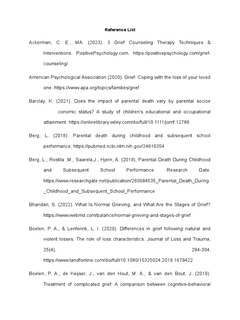 Reference List PR 1 CAC. | PDF | Grief | Grief Counseling