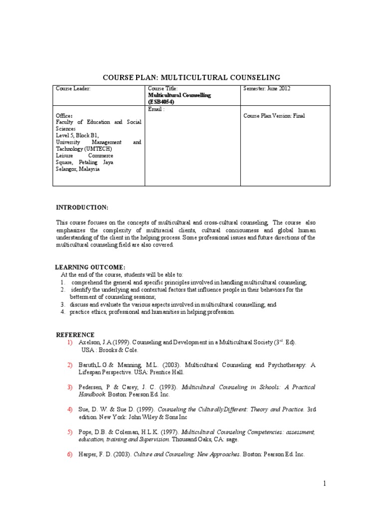Course Outline Multicultural Counselling | PDF