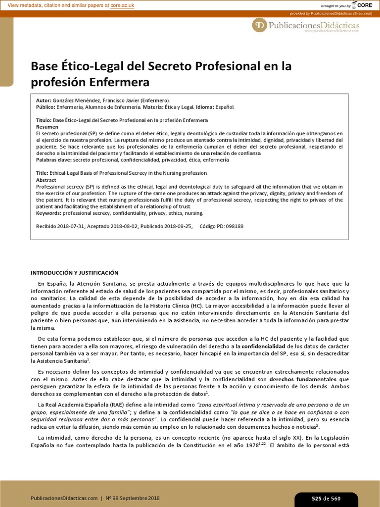 Base Ético-Legal Del Secreto Profesional en La Profesión Enfermera | PDF